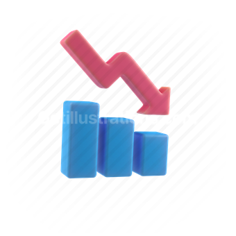 Download analytics, graph, chart, decrease, down, arrow, bar chart- 3D Finance Icons